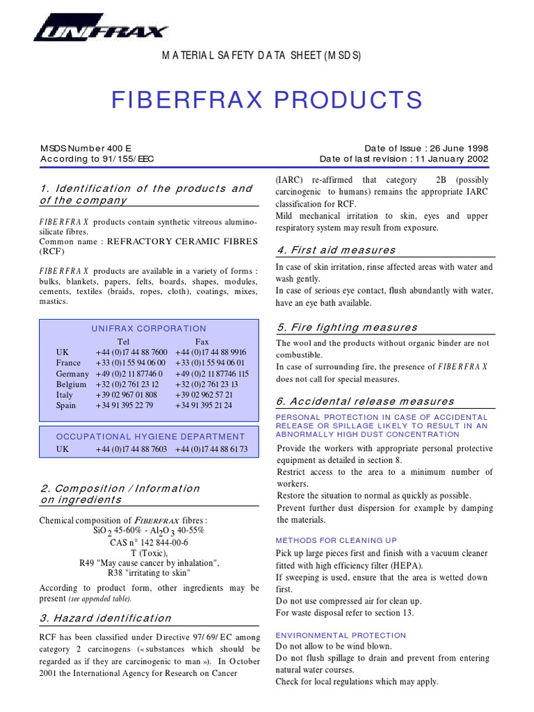 Material Safety Data Sheet (MSDS) for Fiberfrax Products: A ...