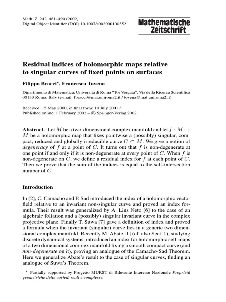 Residual Indices of Holomorphic Maps Relative To Singular Curves of Fixed Points On Surfaces ...