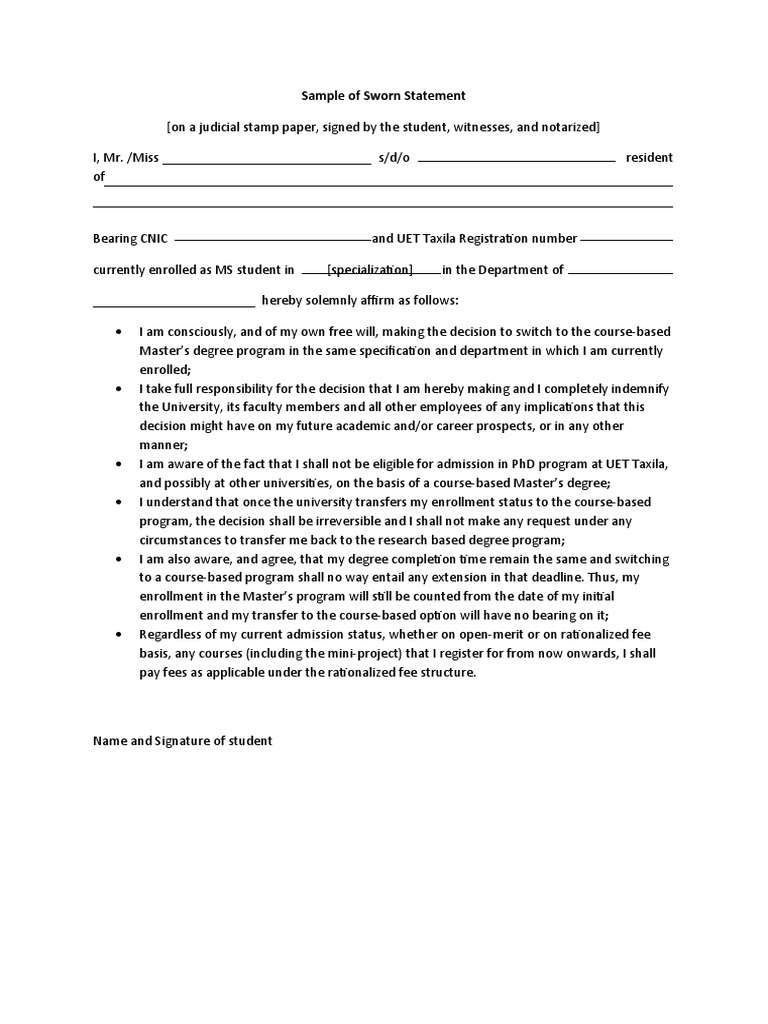 Sample of Sworn Statement | PDF