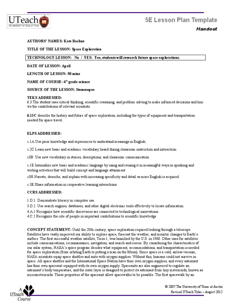 5E Lesson Plan Template: Handout | PDF | Space Suit | Nasa
