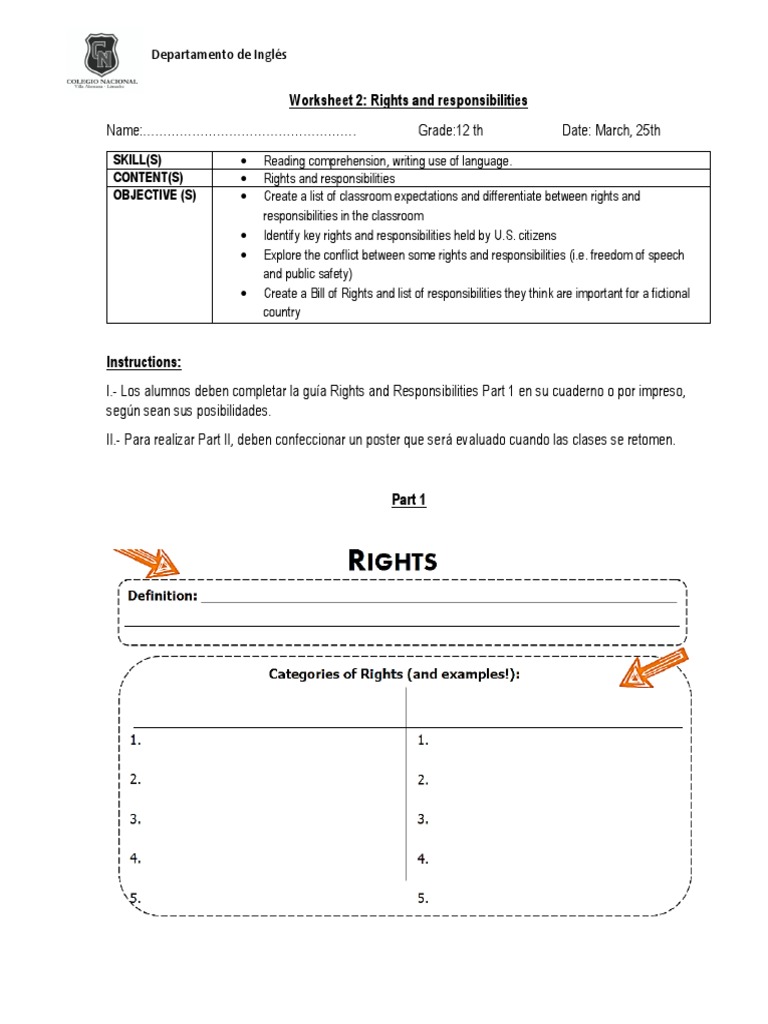 4to Rights and Responsibilities Worksheet | PDF
