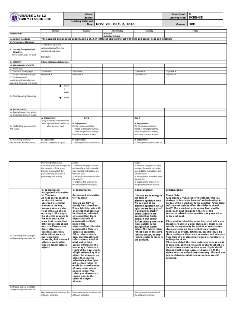 Grade 5 Science DLL Q3 Week 4 | PDF | Color | Light