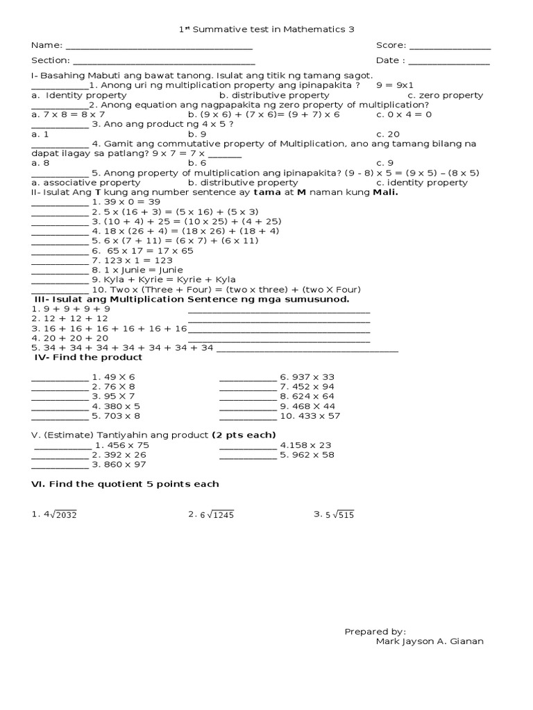 1st Summative Test in Mathematics 3 | PDF | Elementary Mathematics ...