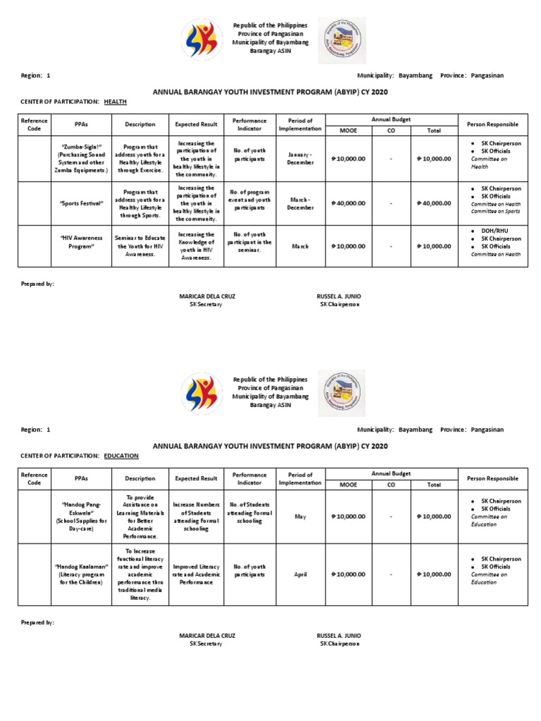 Annual Barangay Youth Investment Program (Abyip) Cy 2020 | PDF ...