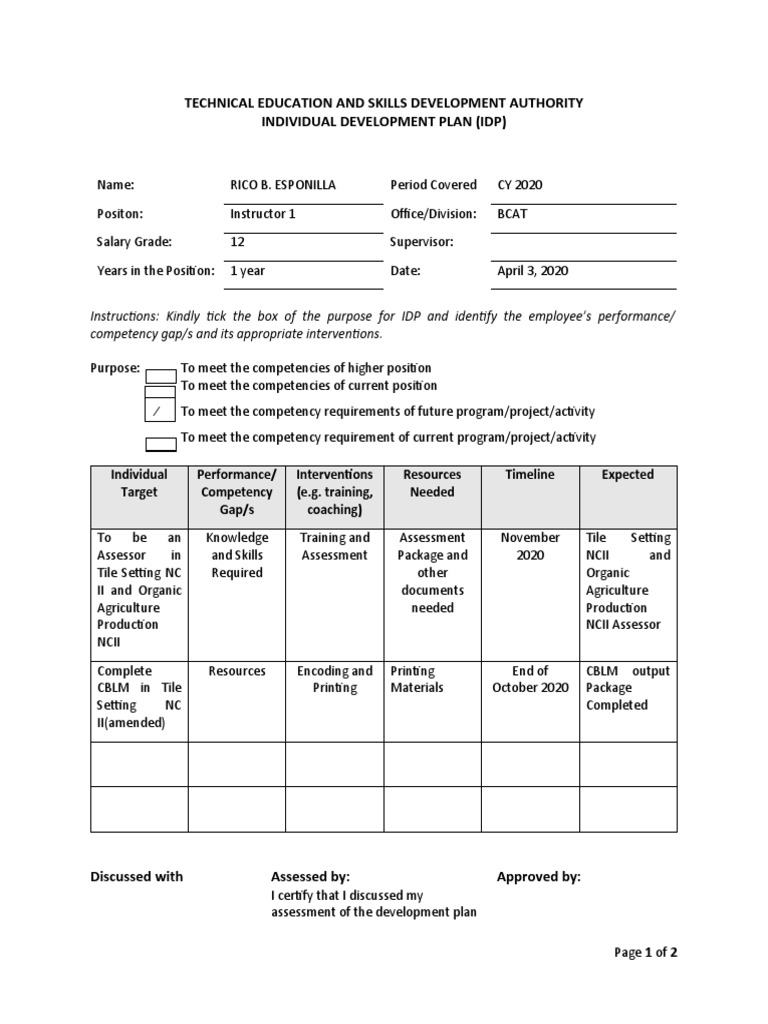 Technical Education and Skills Development Authority Individual Development Plan (Idp) | PDF ...