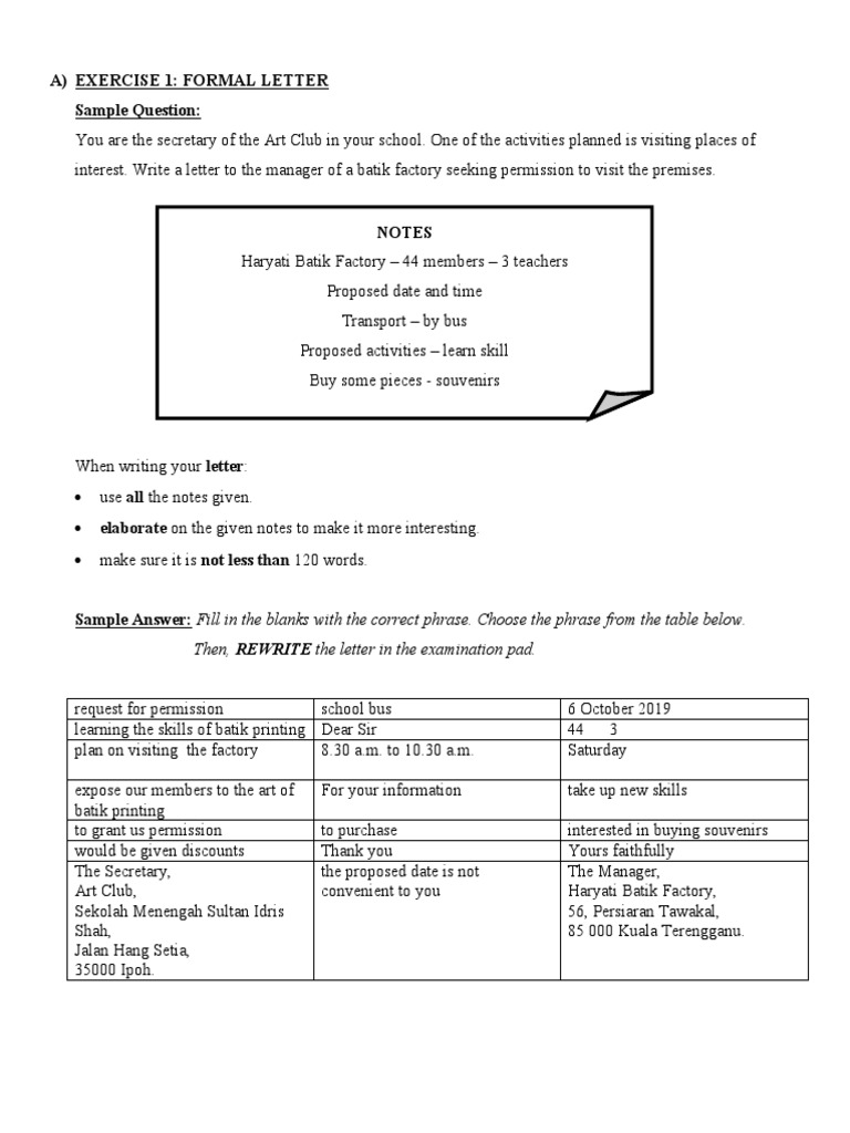 A) Exercise 1: Formal Letter Sample Question:: Then, REWRITE The Letter ...