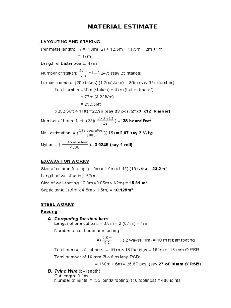 Material Estimate: Layouting and Staking | PDF | Framing (Construction) | Wall