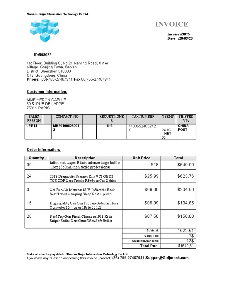 Invoice #3076 Date:20/03/20 | PDF | Manufactured Goods | Business