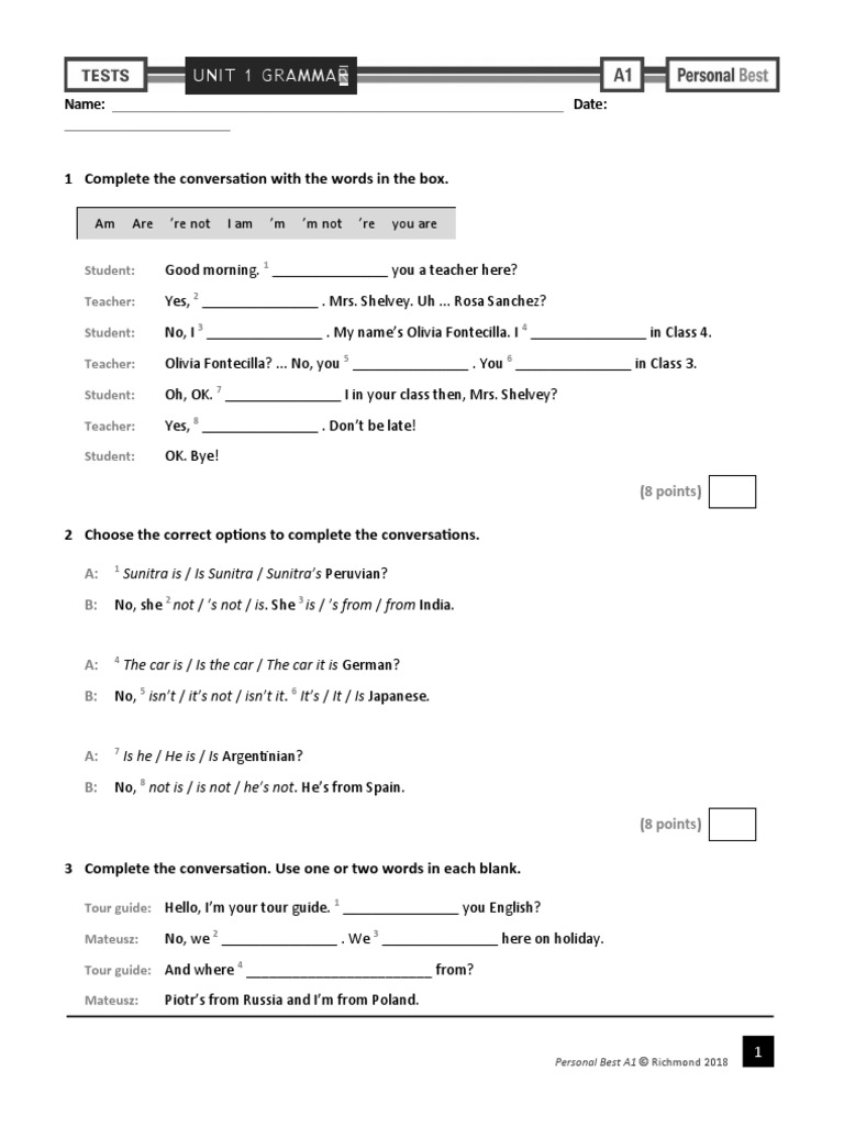 Unit 1 Grammar: 1 Complete The Conversation With The Words in The Box | PDF