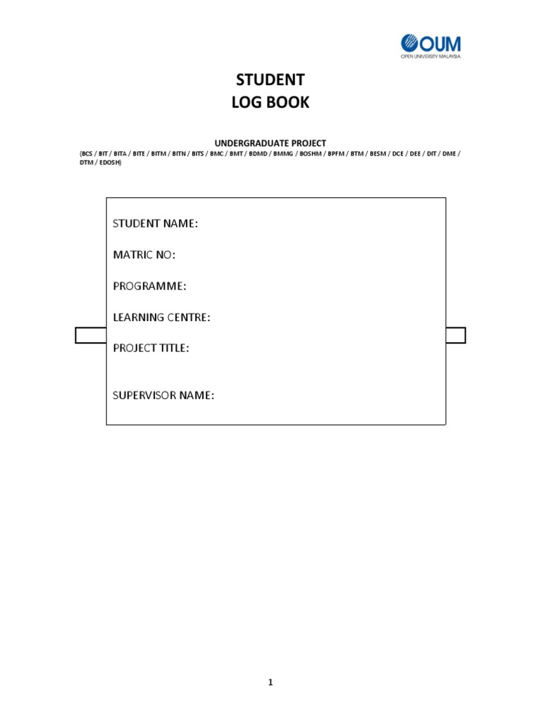 Student Log Book: Student Name: Matric No: Programme: Learning Centre ...