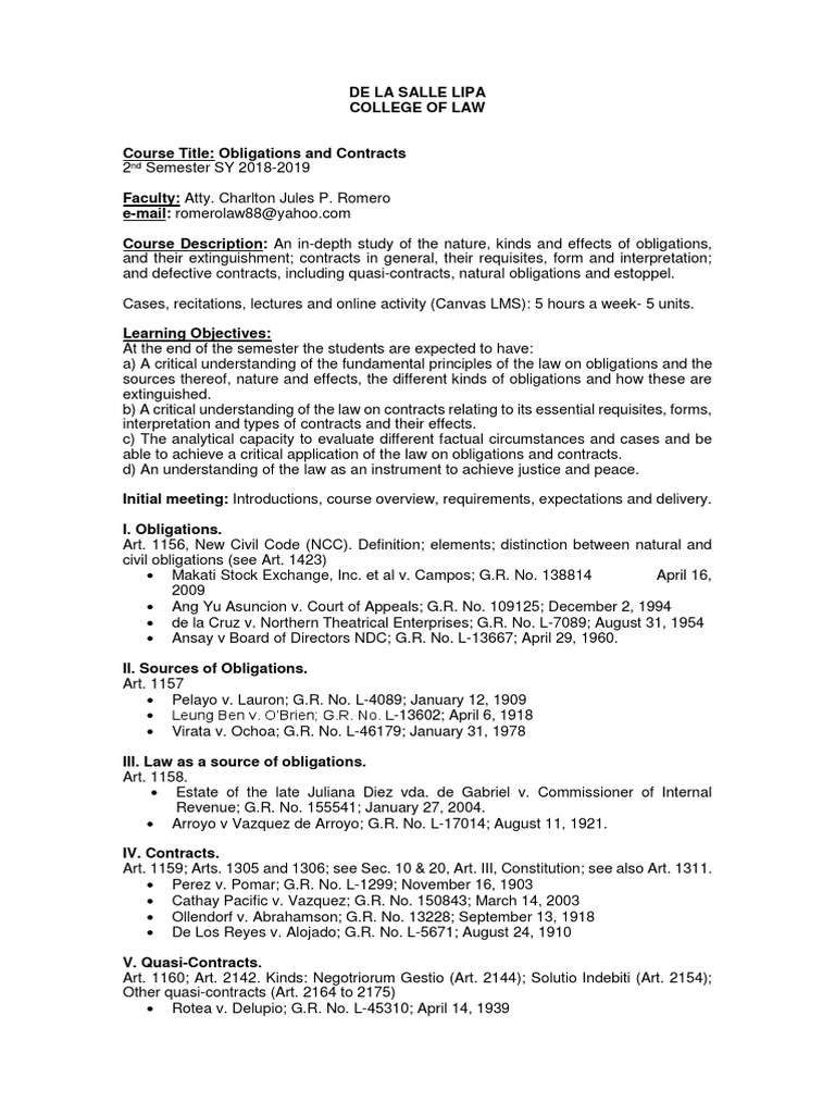 Oblicon Course Outline | PDF | Annulment | Ratification