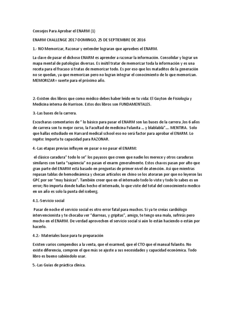 Consejos para Aprobar El ENARM | PDF | Prueba (evaluación) | Salud y ...