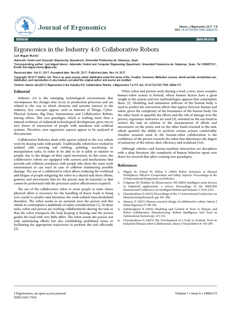Journal of Ergonomics: Ergonomics in The Industry 4.0: Collaborative ...