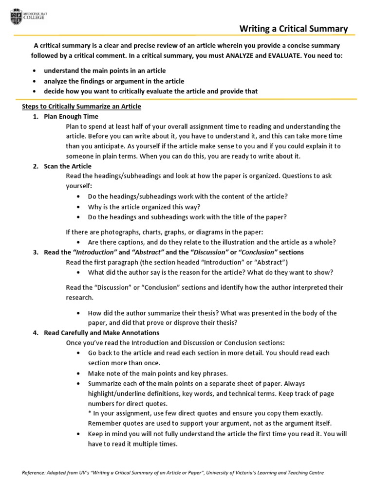 Writing a Critical Summary Guide | PDF | Argument | Abstract (Summary)