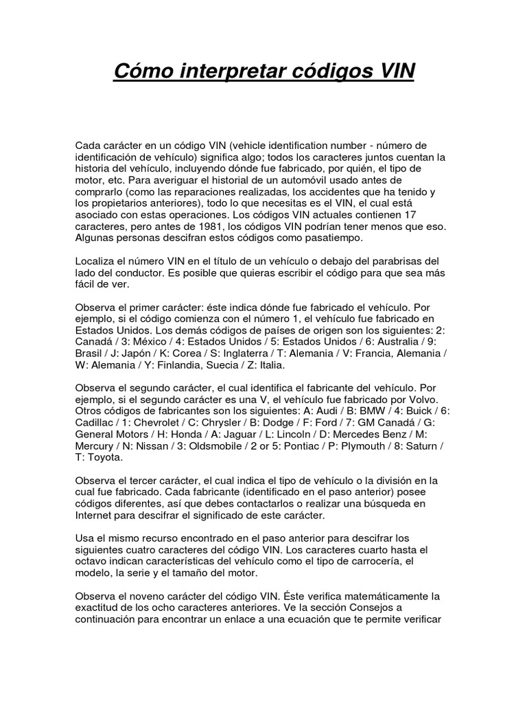 Interpretación de Códigos VIN | PDF | Vehículo de motor | Coche
