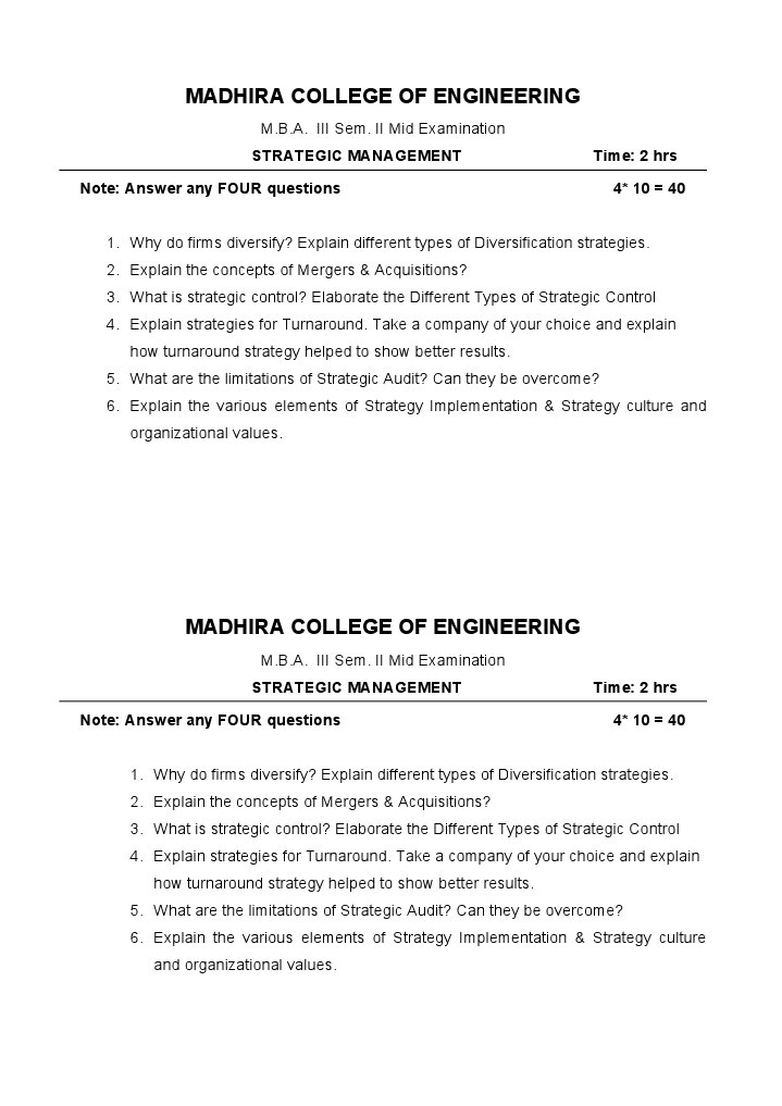 Strategic Management Exam Questions | PDF