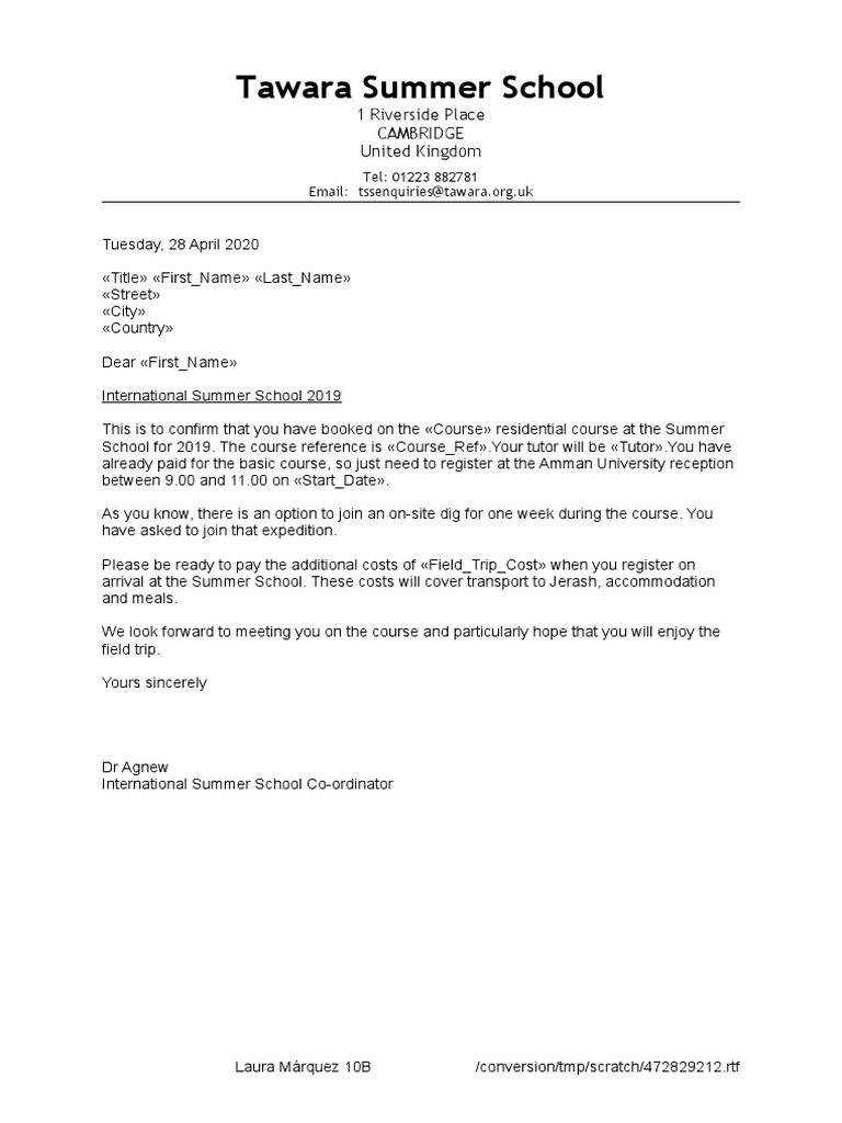 2019 Summer School Confirmation | PDF