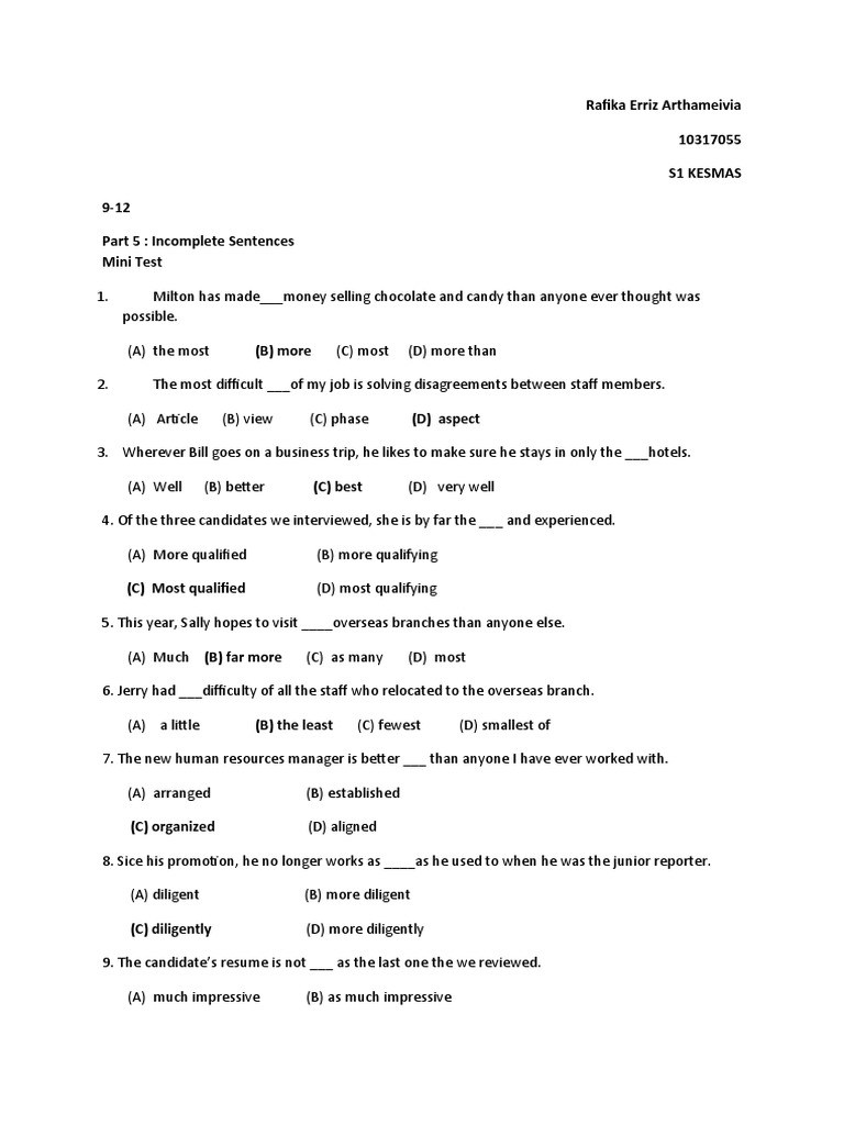 Incomplete Sentences Mini Test: Part 5 | PDF | Business
