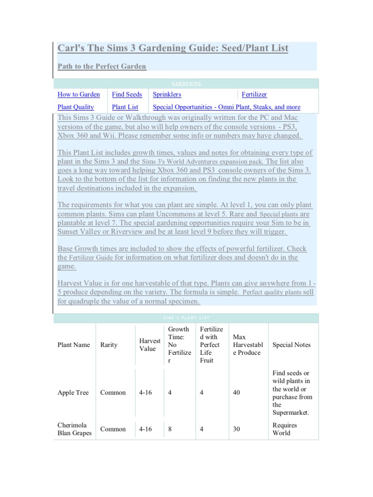 The Sims 3 Plant List | PDF | Fruit | Seed