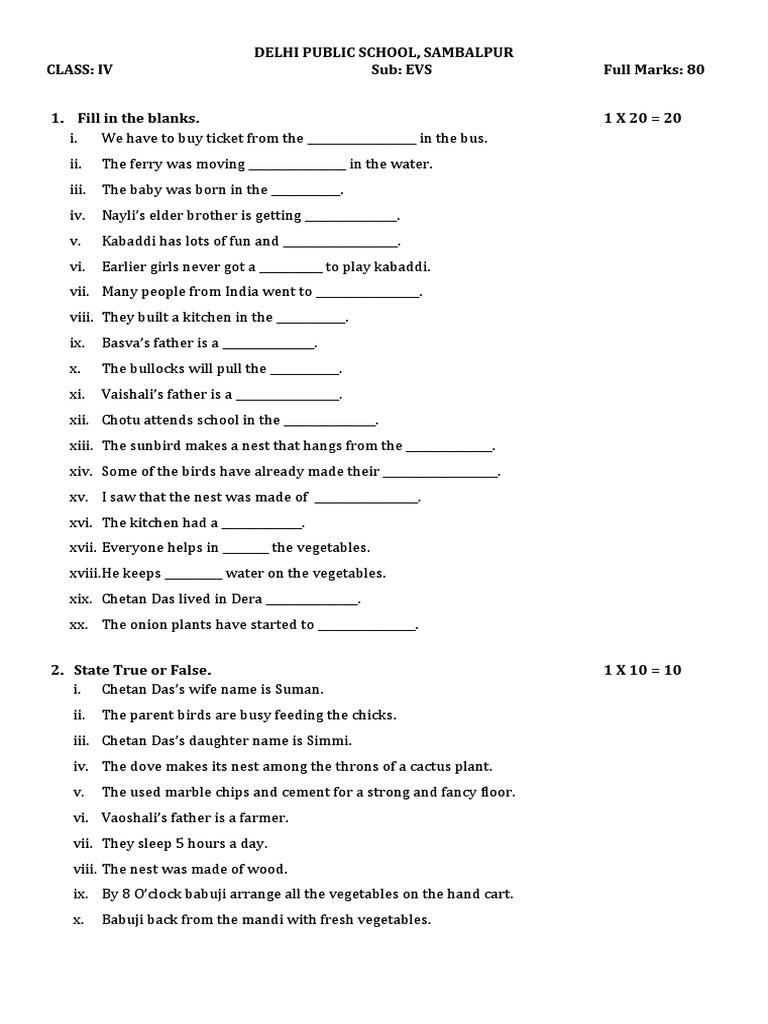 EVS Class IV Annual Questions | PDF | Vegetables | Plants