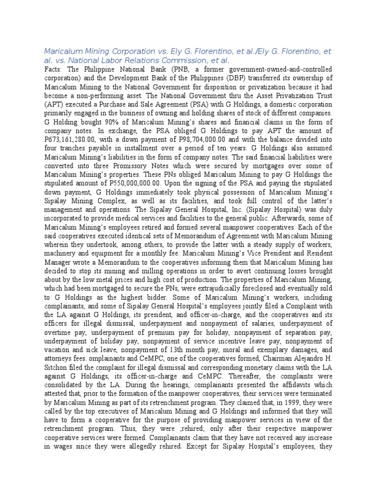 Maricalum Mining Labor Dispute Analysis | PDF | Piercing The Corporate ...