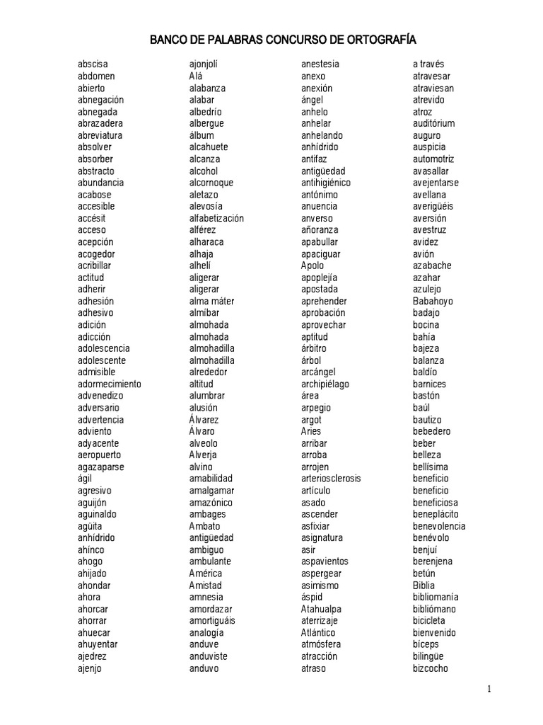 Palabras De Ortografía De Primer Grado Para Imprimir
