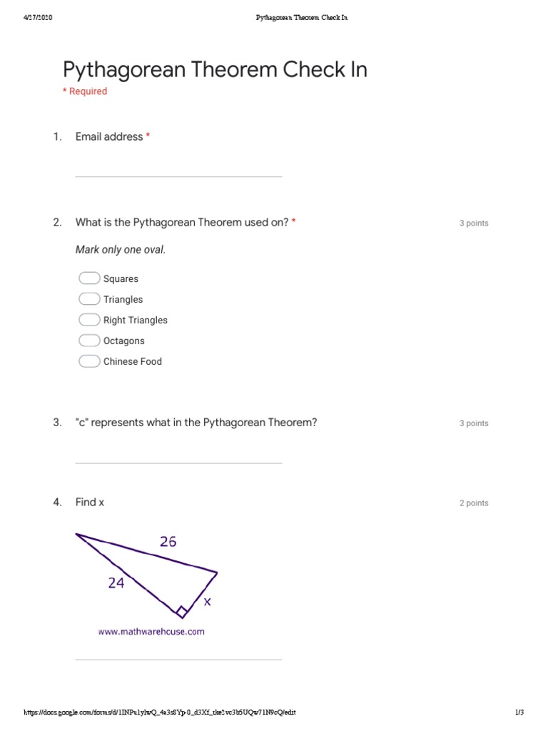 Pythagorean Theorem Check In: 1. Email Address | PDF | Classical ...