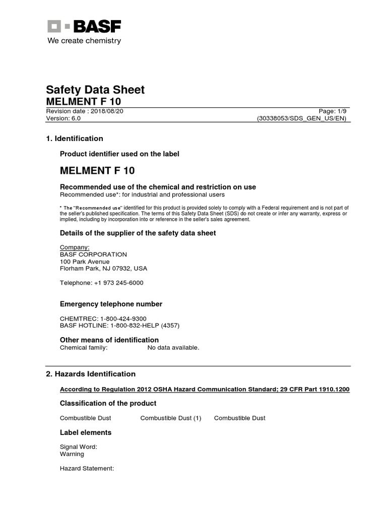 Melment F 10 - SDS | PDF | Toxicity | Dangerous Goods