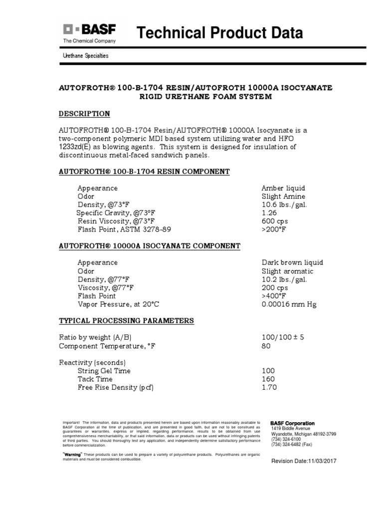 Technical Product Data: Autofroth® 100-B-1704 Resin/Autofroth 10000A ...