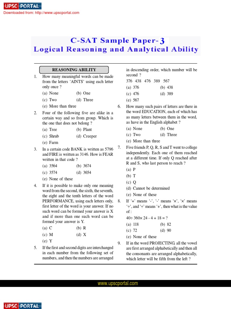 CSAT Logical Reasoning and Analytical Ability Sample Paper 3 | PDF | Postgraduate Education ...
