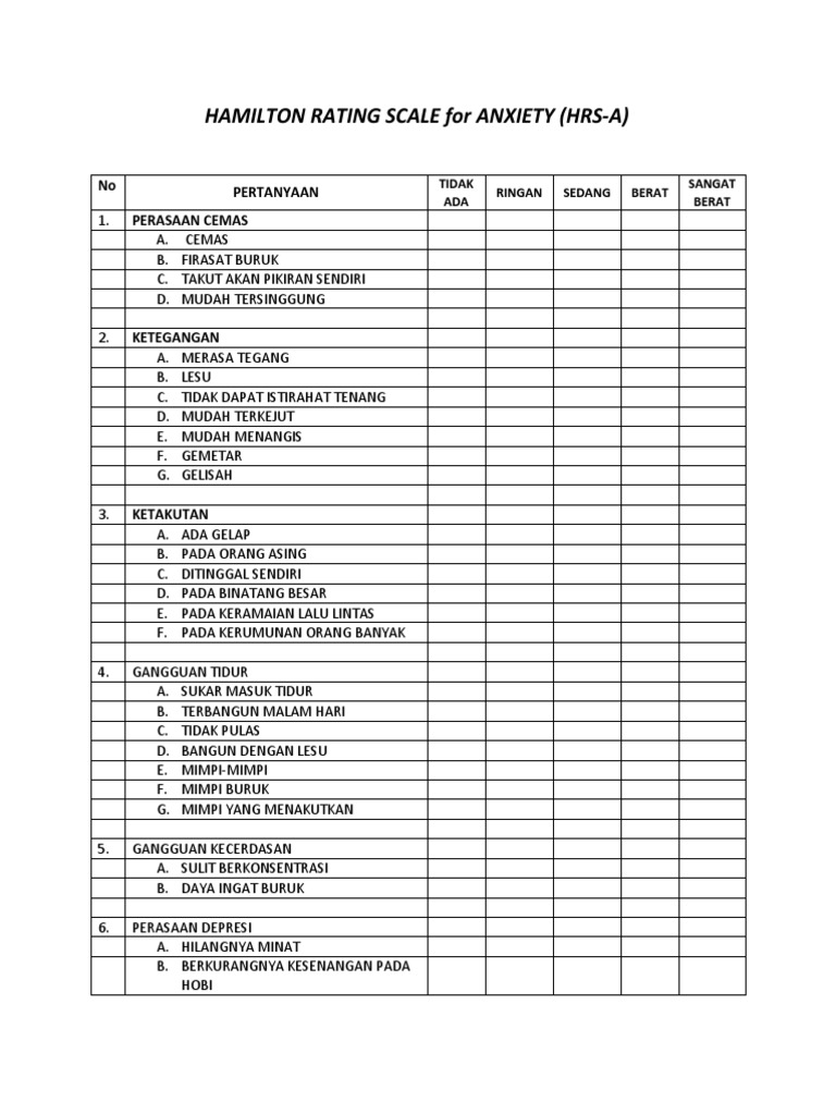 HAMILTON RATING SCALE For ANXIETY | PDF