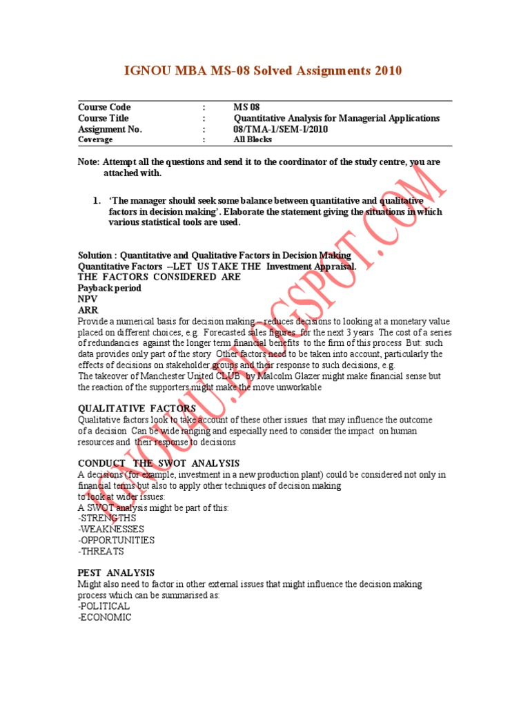 Ignou Mba Ms 08 Solved Assignments 2010 Pdf Forecasting Analysis
