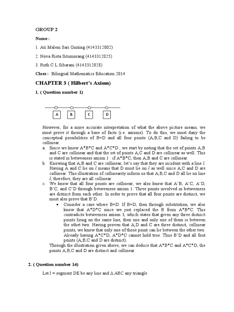 CHAPTER 3 (Hilbert's Axiom) : Group 2 | PDF | Theorem | Line (Geometry)