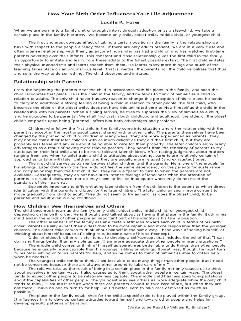 Birth Order's Impact on Life Adjustment | PDF | Sibling | Parent