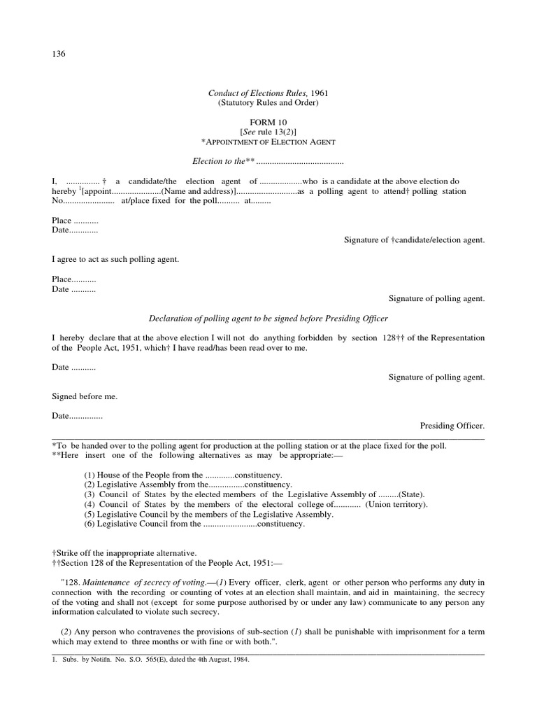 Appointment of Polling Agent Form 10 | PDF | Electoral District | Elections