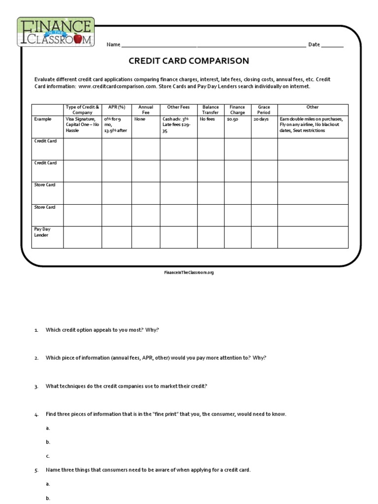 Credit Card Comparison Instructions | PDF