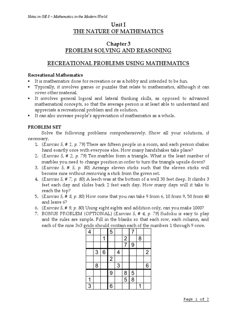 Recreational Mathematics Problem Set | PDF | Teaching Mathematics