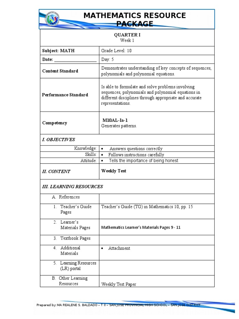 Mathematics Resource Package: Quarter I Subject: MATH Date: - Day: 5 ...
