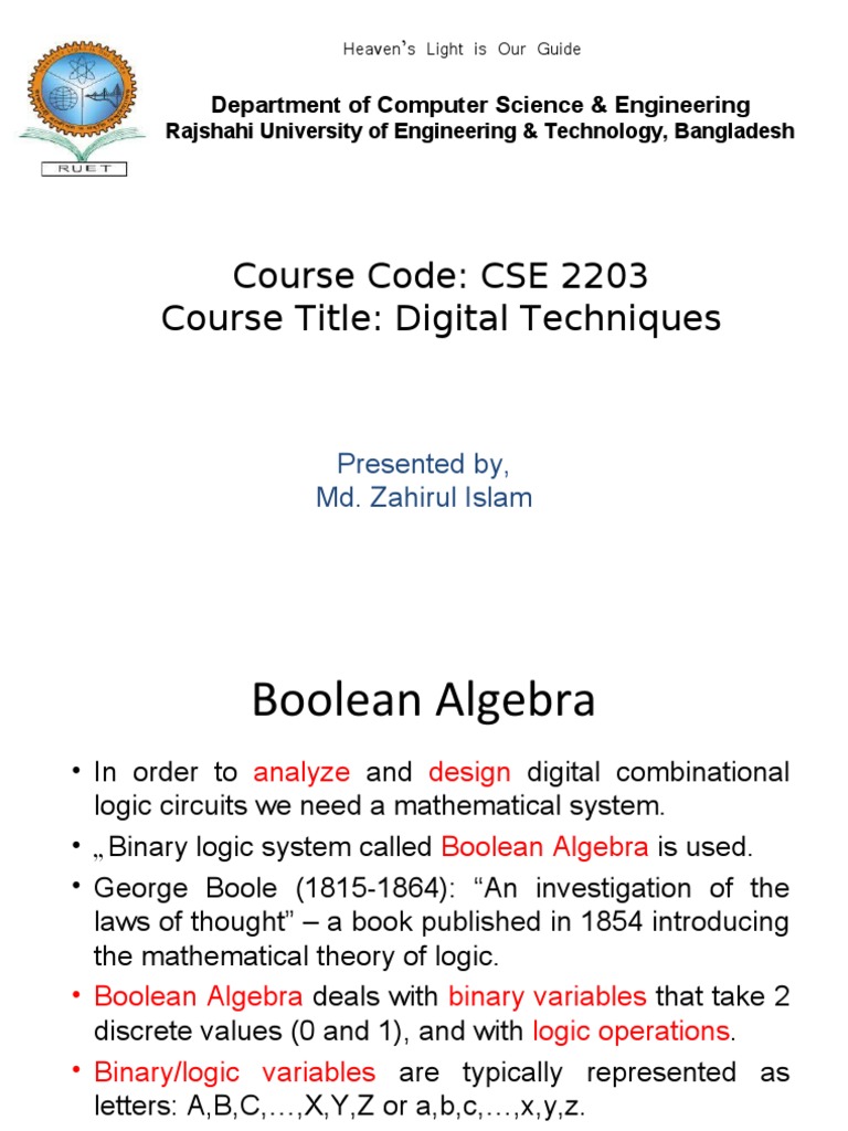 Lecture On Boolean Algebra | PDF | Logic Gate | Boolean Algebra Lecture On Boolean Algebra | PDF | Logic Gate | Boolean Algebra