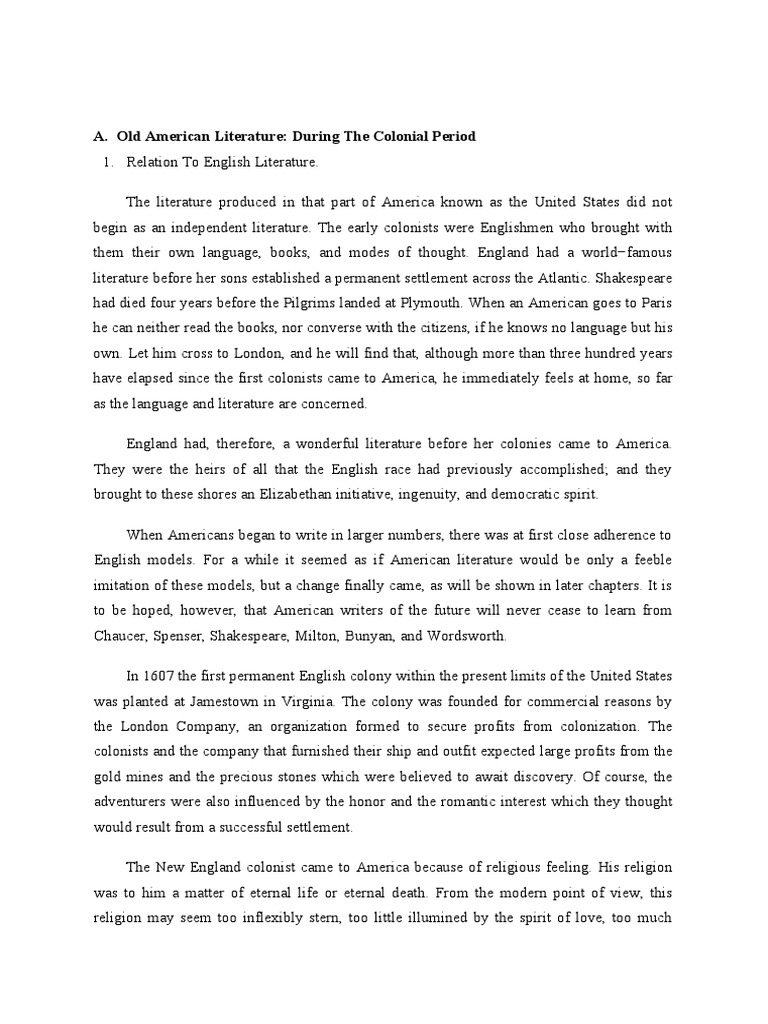 Early American Literature During the Colonial Period: An Analysis of ...