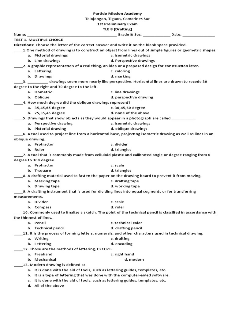 TLE 8 Drafting Exam for High School | PDF | Drawing | Technical Drawing