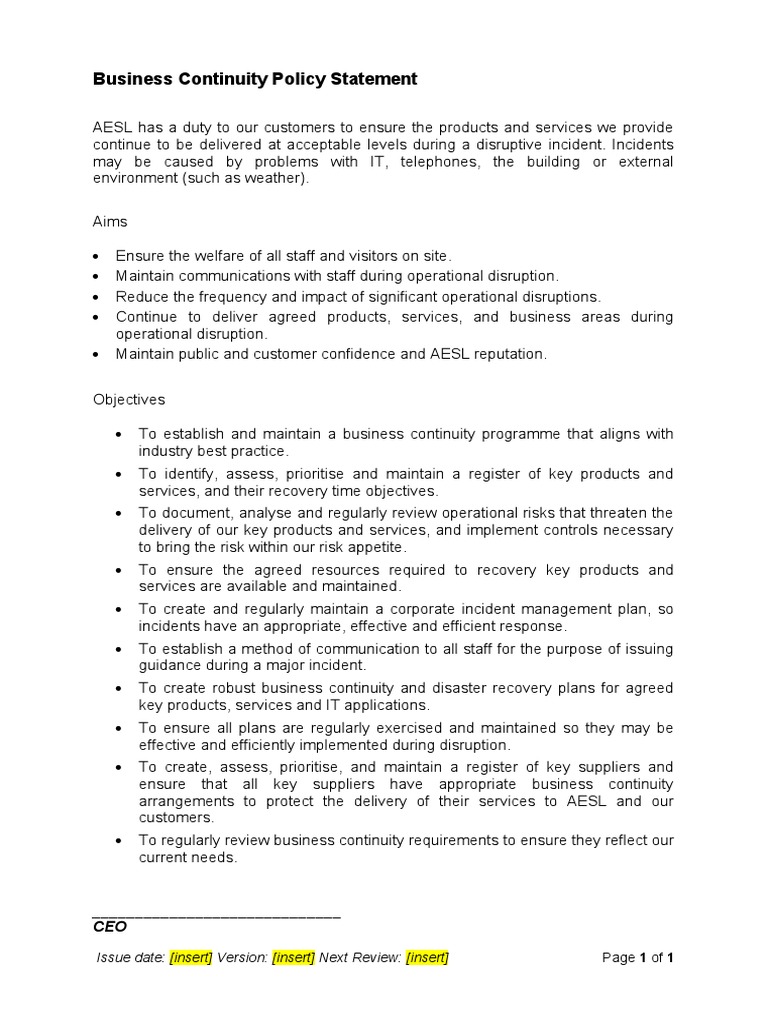 Business Continuity Policy Statement | PDF