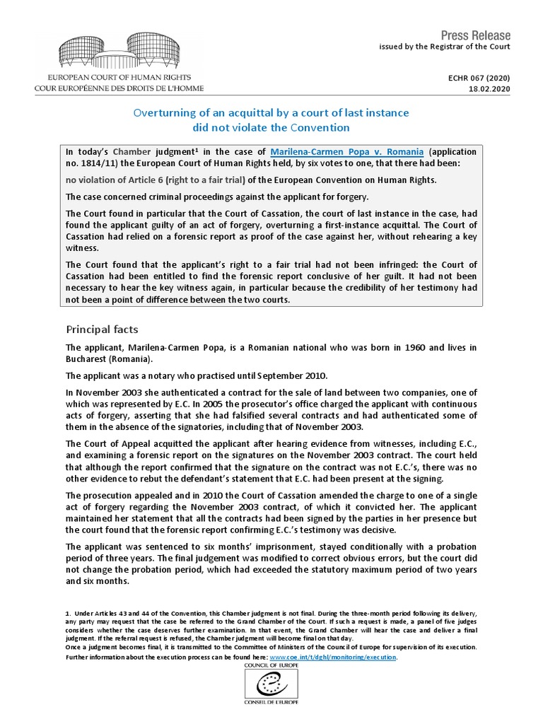 Judgment Marilena-Carmen Popa v. Romania - No Violation of The Right To ...