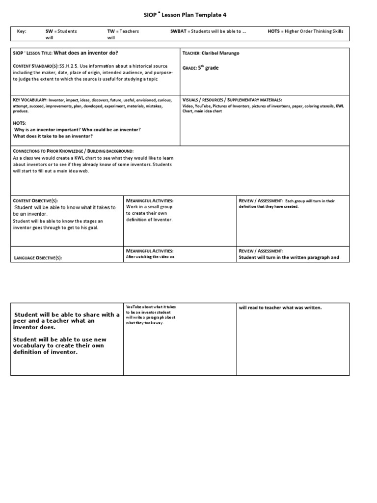 Siop Lesson Plan Template 4: What Does An Inventor Do? 5 Grade | PDF ...