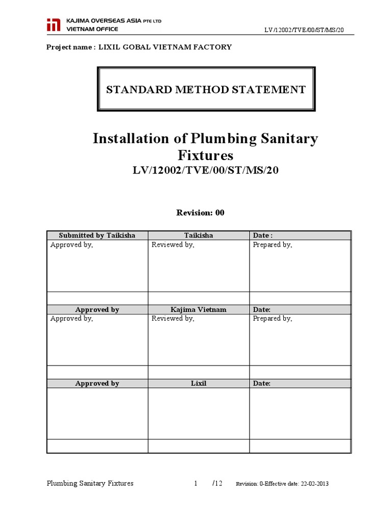Installation of Plumbing Sanitary Fixtures: Standard Method Statement ...