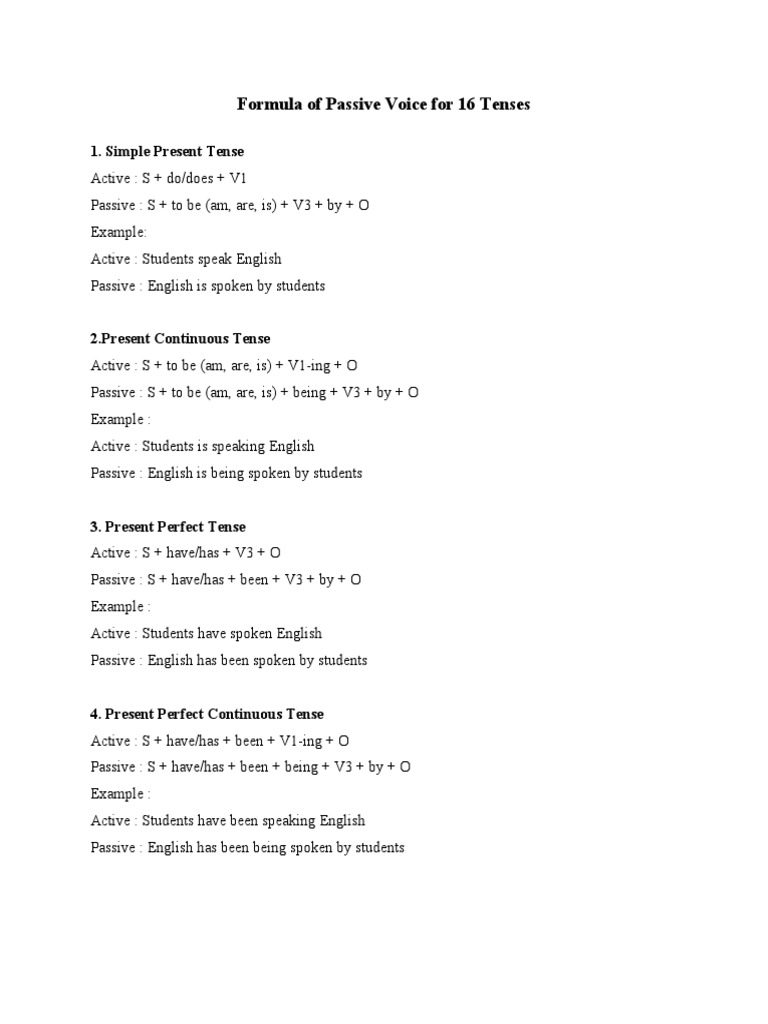 Formula and Examples of Passive Voice For 16 Tenses | PDF | Grammatical ...