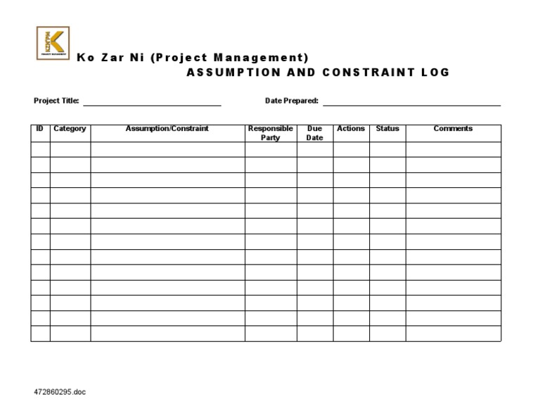 Ko Zar Ni (Project Management) Assumption and Constraint Log | PDF