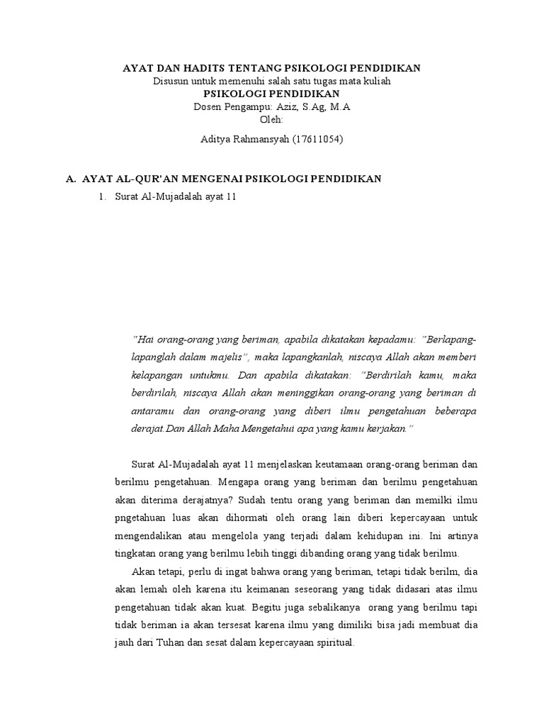 Ayat Dan Hadits Tentang Psikologi Pendidikan | PDF