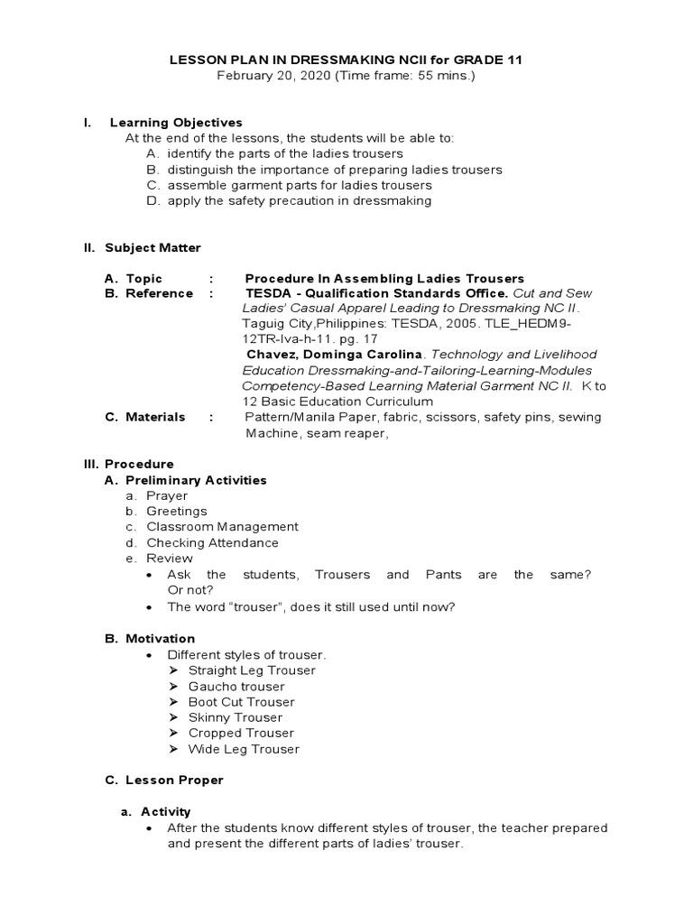 Dressmaking NCII DEMO LESSON PLAN 1 | PDF | Seam (Sewing) | Sewing