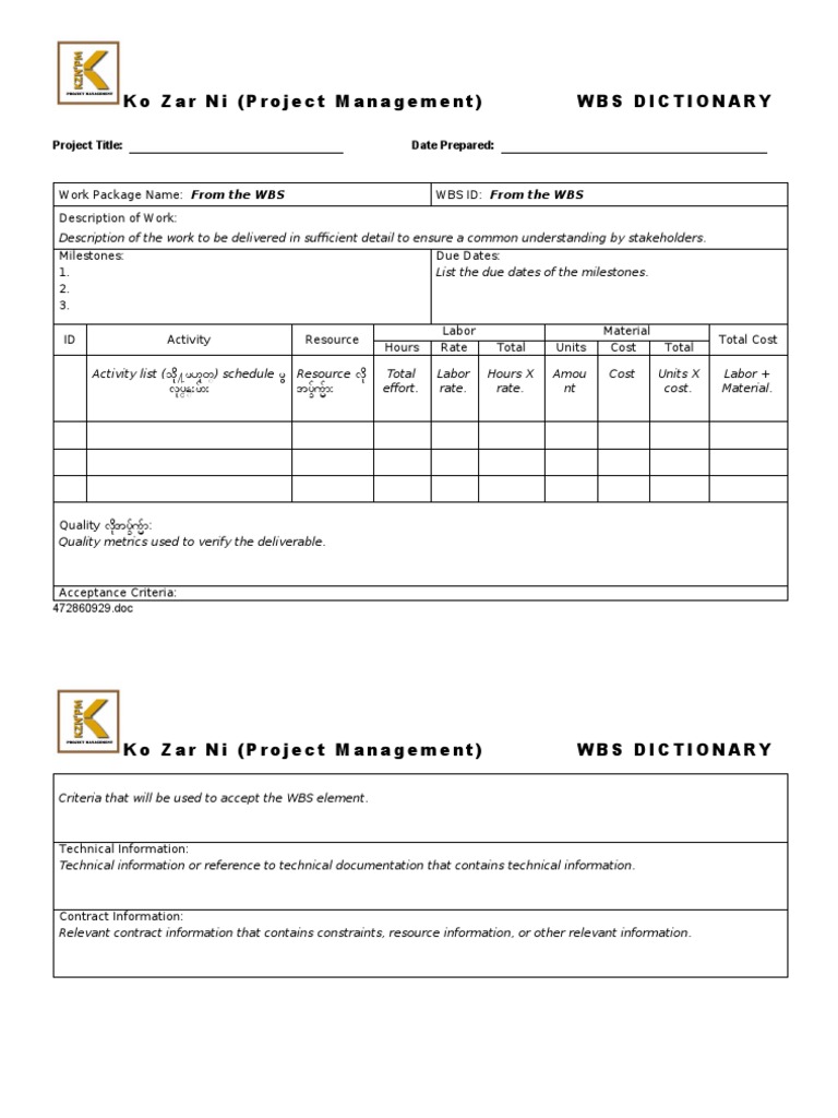 WBS Dictionary for Project Management | PDF